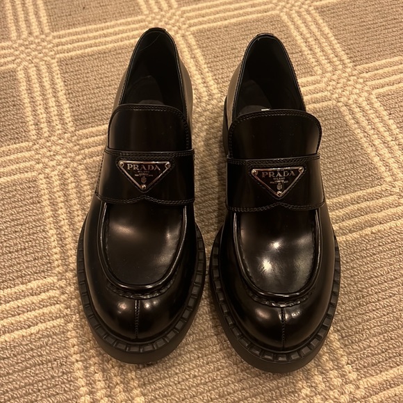 Prada | Shoes | Prada Chocolate Brushed Leather Loafers In Black | Poshmark